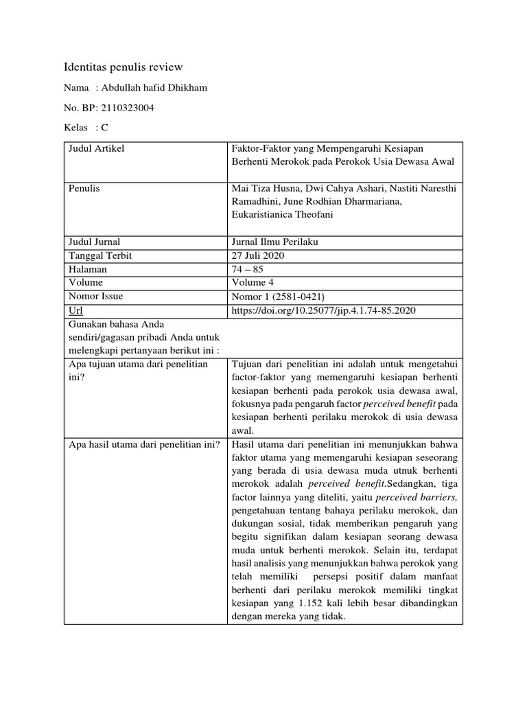 Abdullah Hafid Dhikham - 2110323004 - Tugas Review Jurnal Pengembangan Diri Kelas C | PDF