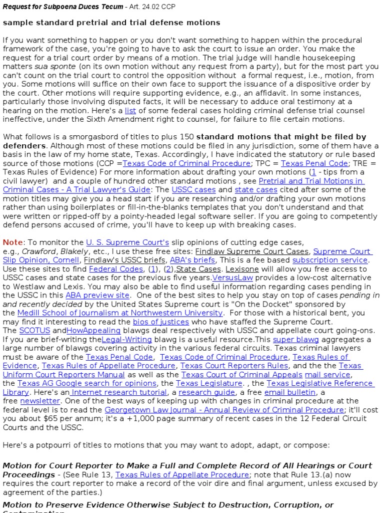 Sample Standard Pretrial and Trial Defense Motions | PDF | Miranda ...