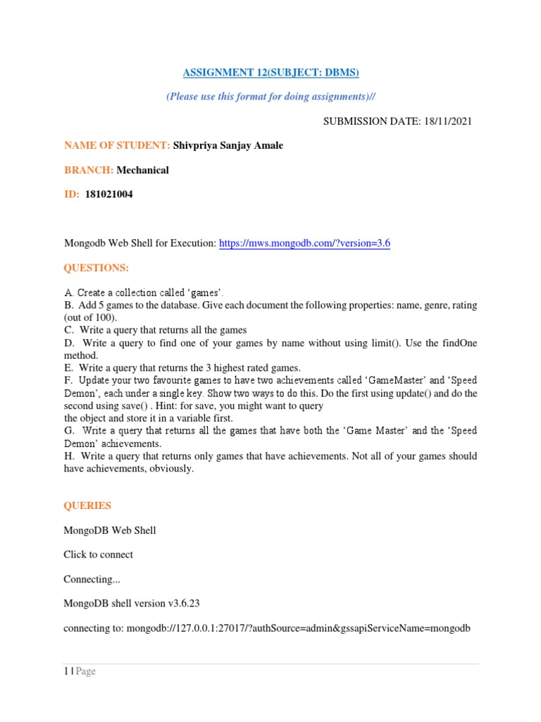 Assignment No 11 Study of Mongodb Command - 181021004 | PDF | Databases | Mongo Db