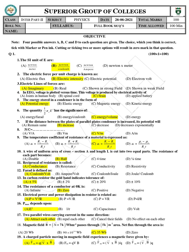 Physics 100 Mcq's With Answers | PDF | Inductance | Light