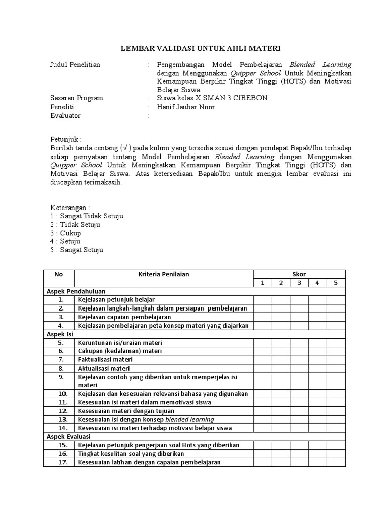 Lembar Validasi Untuk Ahli Materi | PDF