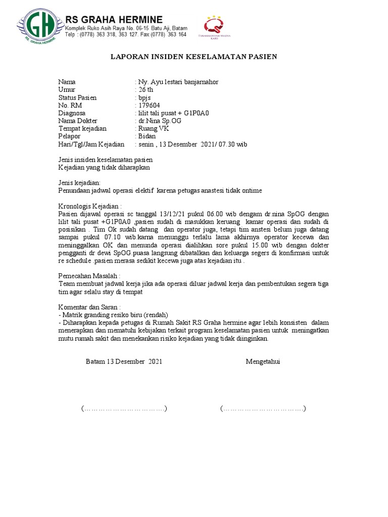 Contoh Laporan Insiden Keselamatan Pasien Di Rumah Sakit 12 | PDF