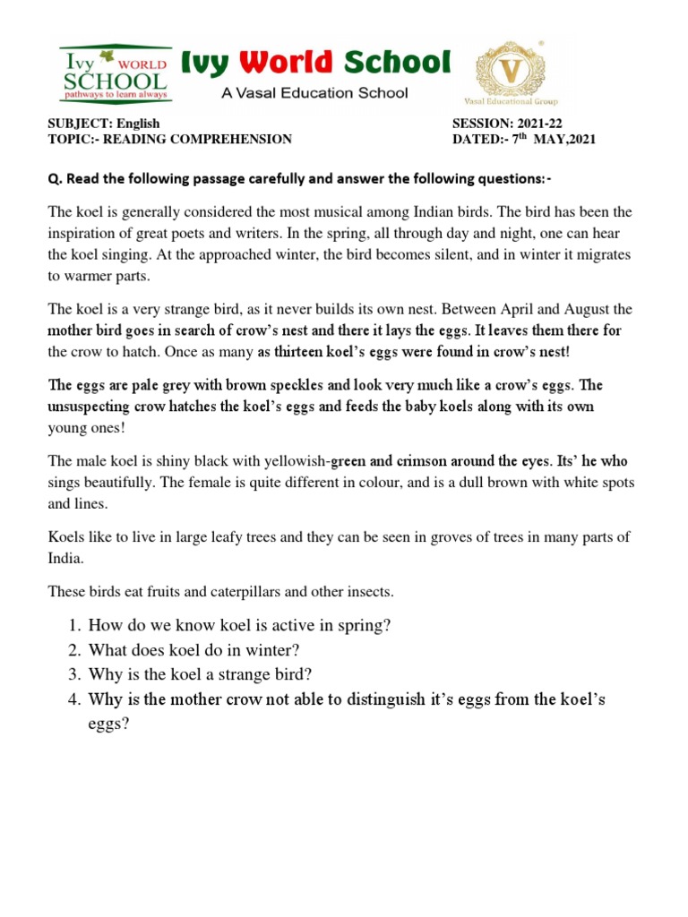 Q. Read The Following Passage Carefully and Answer The Following ...