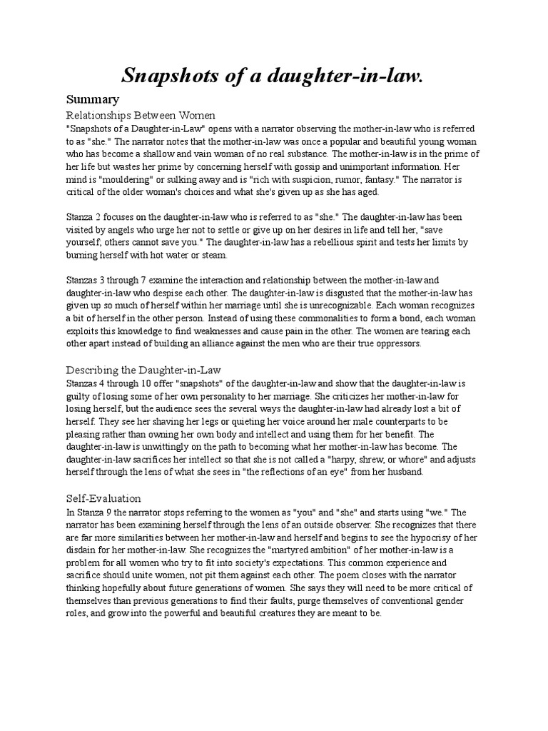 Analysis of Rich's Daughter-in-Law Poem | PDF | Feminism | Gender Studies