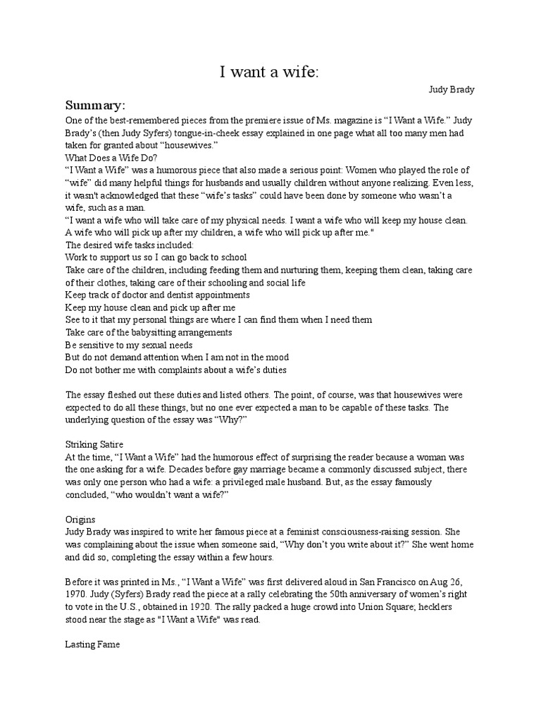 I Want A Wife | PDF | Wife | Gender Role