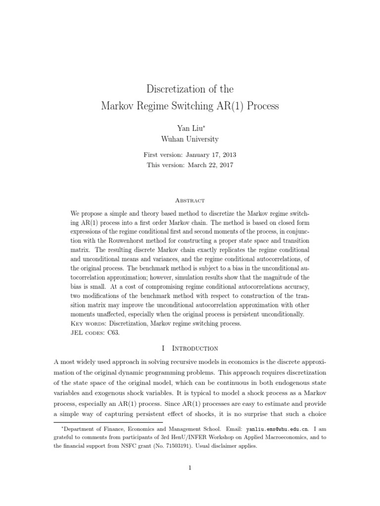 Discretization of The Markov Regime Switching AR (1) Process: Yan Liu Wuhan University | PDF ...