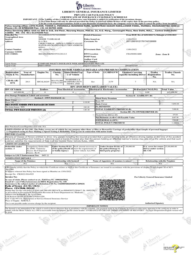 Liberty General Insurance Limited: Insured Motor Vehicle Details and ...