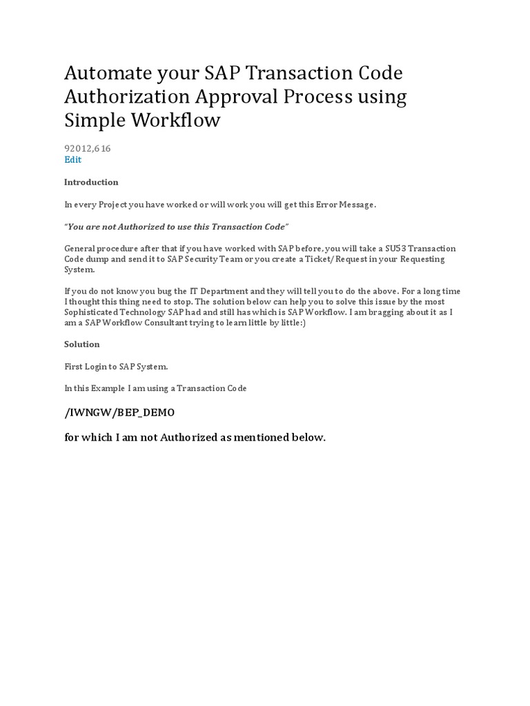 Automate Your SAP Transaction Code Authorization Approval | PDF