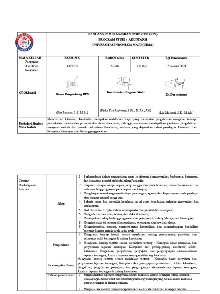 RPS Pengantar Akuntansi Kesehatan UIMA | PDF