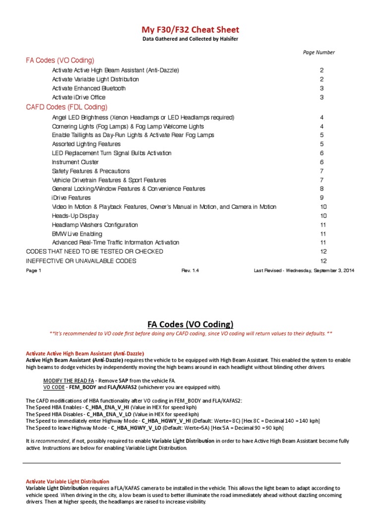 BMW F30 Coding Cheat Sheet | PDF | Headlamp | Seat Belt