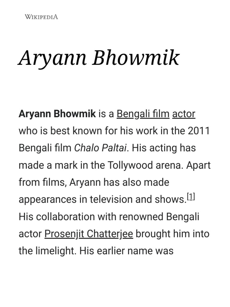 Aryann Bhowmik - Wikipedia | PDF | Cinema Of India | Bengal