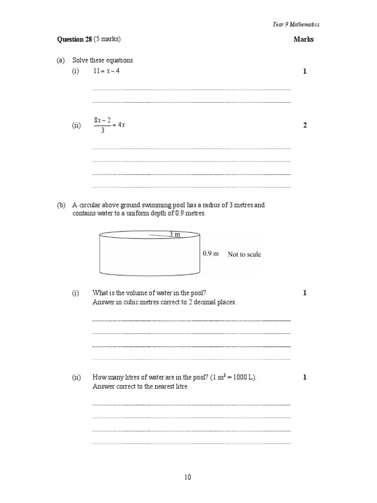 Year 9 Math Equations and Pool Volume | PDF | Teaching Methods & Materials