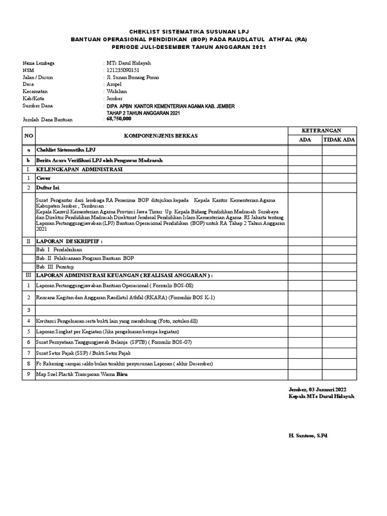 Checklist LPJ BOP dan BOS RA 2021 | PDF