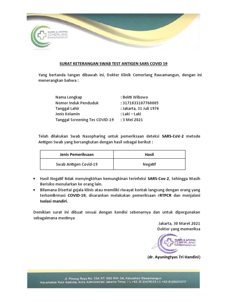 Surat Keterangan Swab Test Antigen Sars Covid 19 | PDF