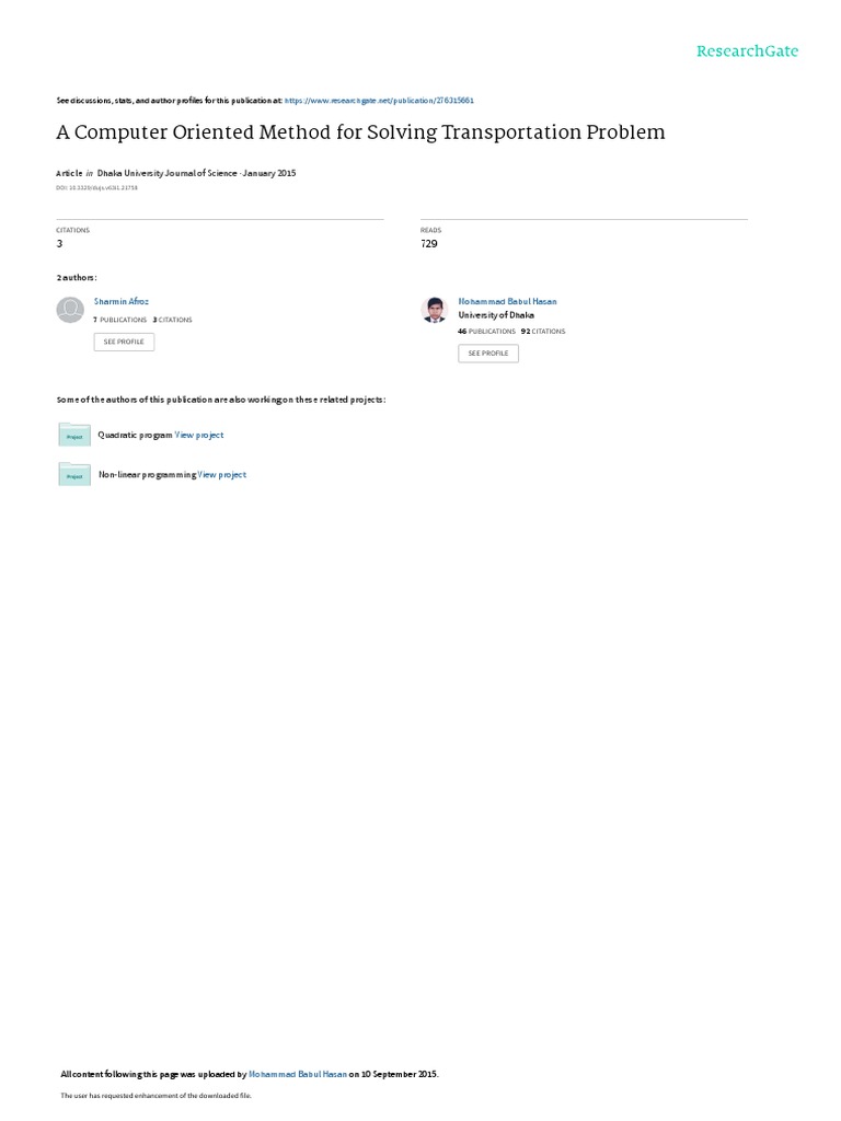 A Computer Oriented Method For Solving Transportat | PDF | Mathematical Optimization | Linear ...