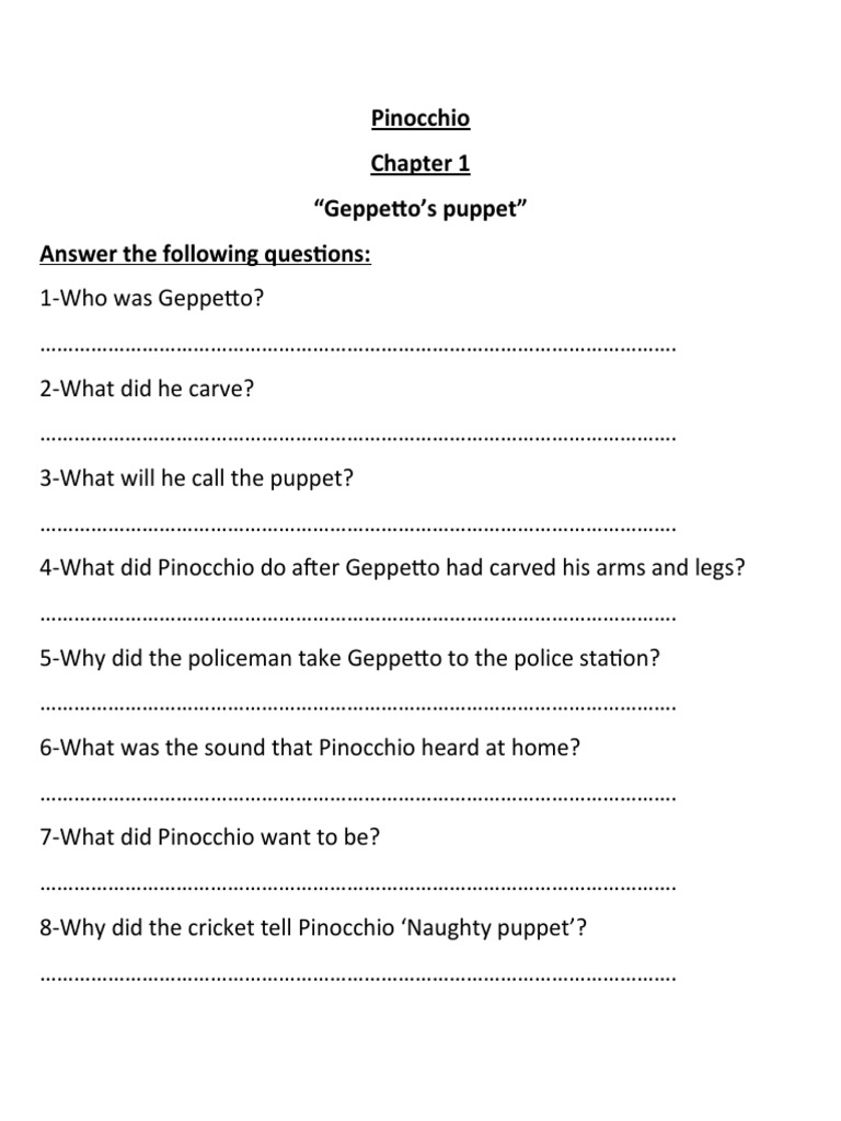 Pinocchio "Geppetto's Puppet" Answer The Following Questions | PDF ...