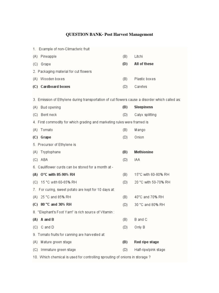 Post Harvest Management Question Bank | PDF | Vegetables | Potato