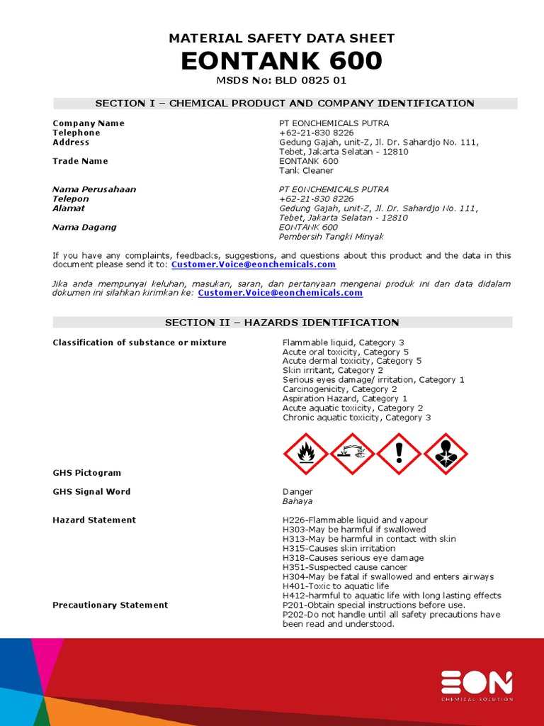 Eontank 600: Material Safety Data Sheet | PDF | Toxicity | Personal Protective Equipment