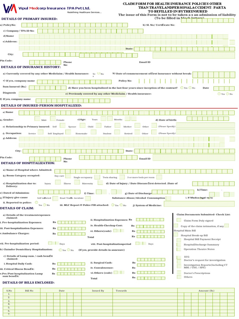 Claim Form 10 - Editable | PDF | Insurance | Hospital