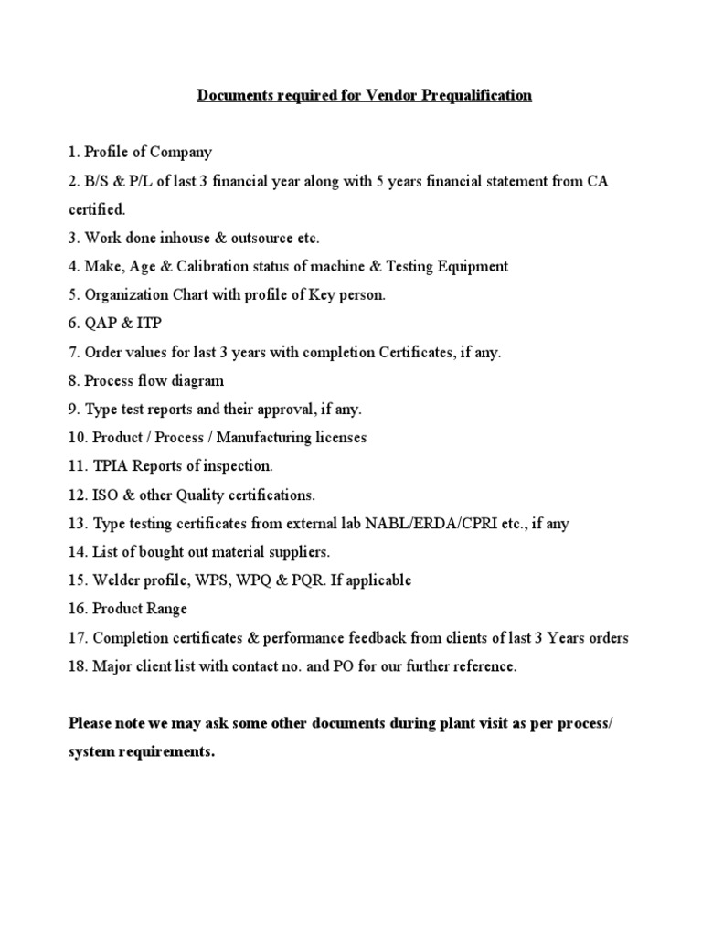 Documents Required For Vendor Pre Qualification | PDF
