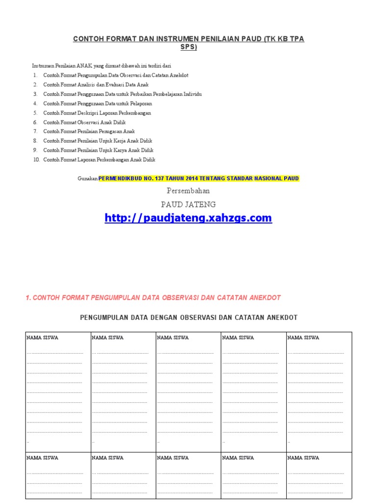 Contoh Format DAN Instrumen Penilaian Paud (TK KB TPA SPS) | PDF