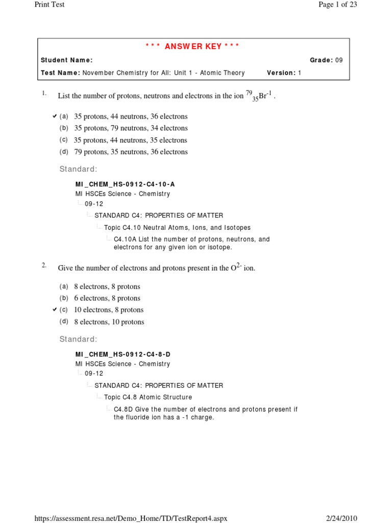 Standard:: ANSWER KEY | PDF | Atoms | Atomic Nucleus