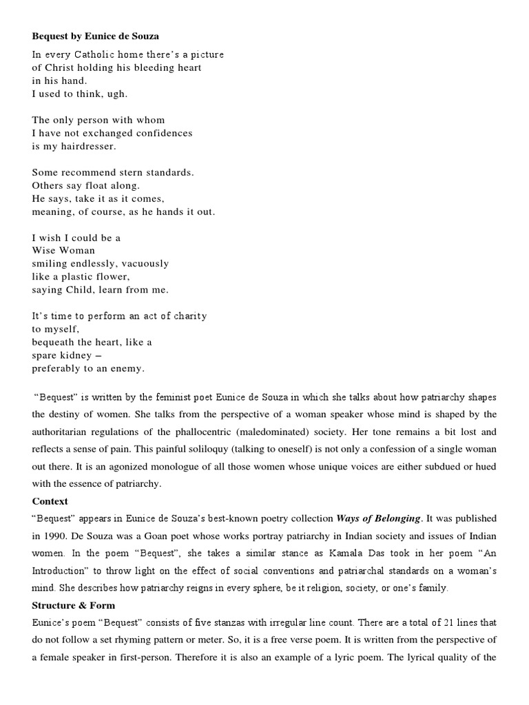 Summary of The Poem Bequest | Download Free PDF | Poetry | Patriarchy