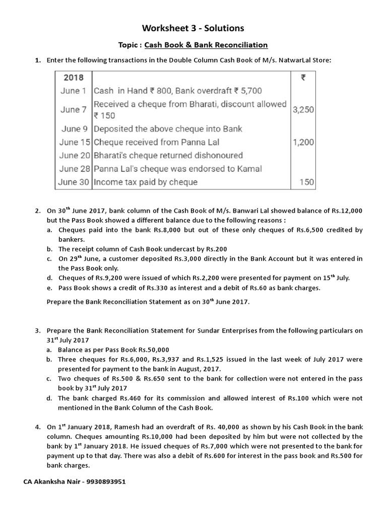 Worksheet 3 - Solutions: Topic: Cash Book & Bank Reconciliation | PDF ...