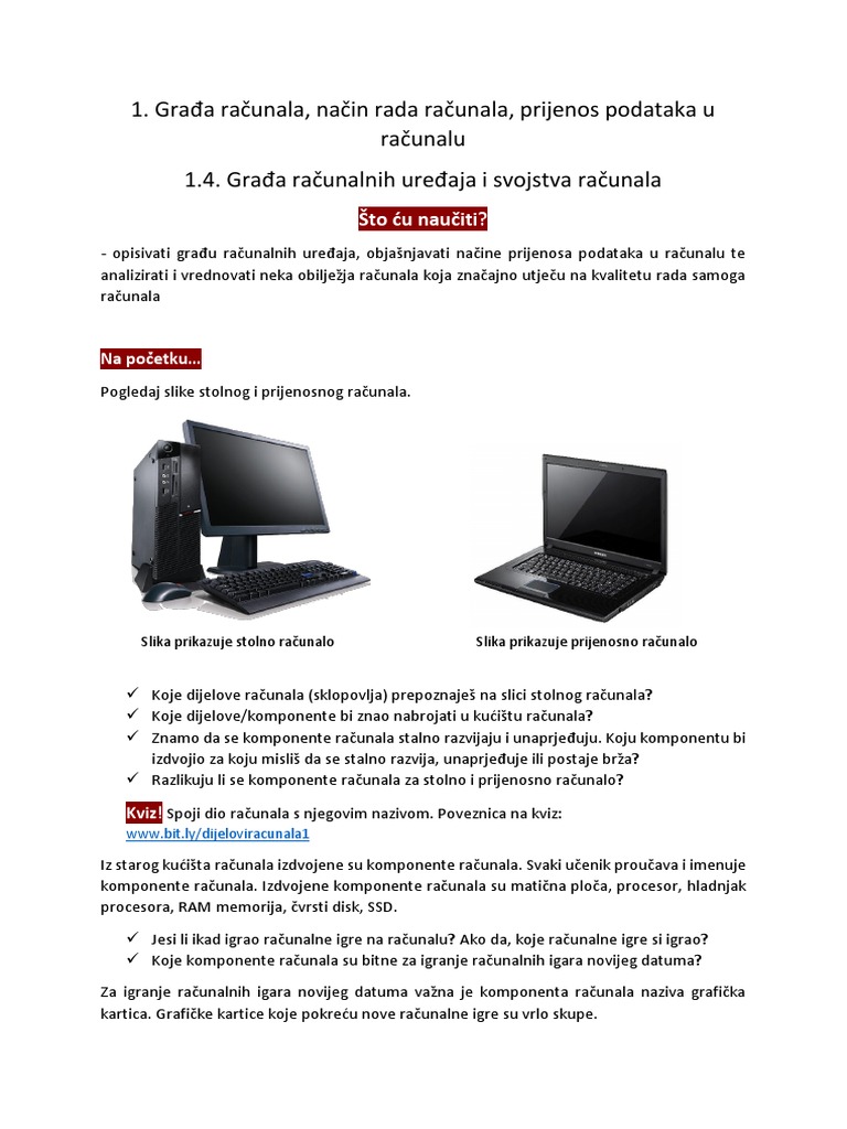 Građa Računala, Način Rada Računala, Prijenos Podataka U Računalu 1.4 ...