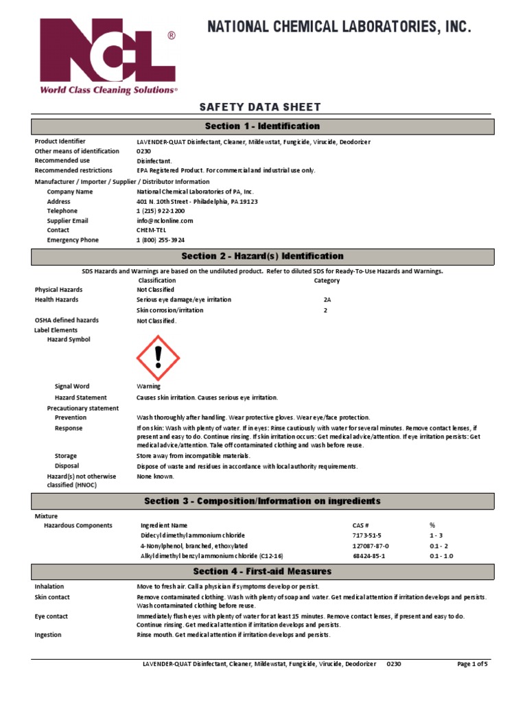 Lavender-Quat MSDS | PDF | Dangerous Goods | Toxicity