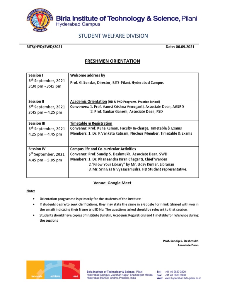Student Welfare Division: Freshmen Orientation | PDF
