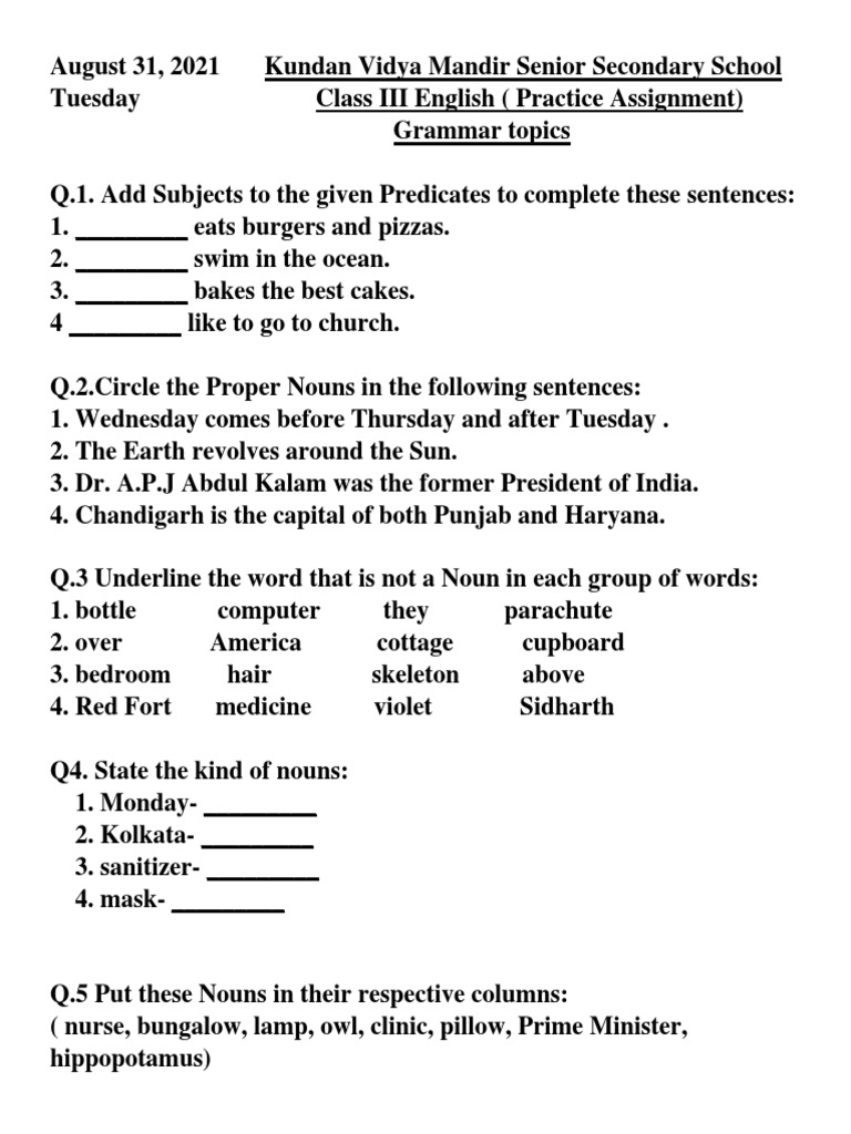 Class 3 Grammar Assignment | PDF | Grammar | Syntax