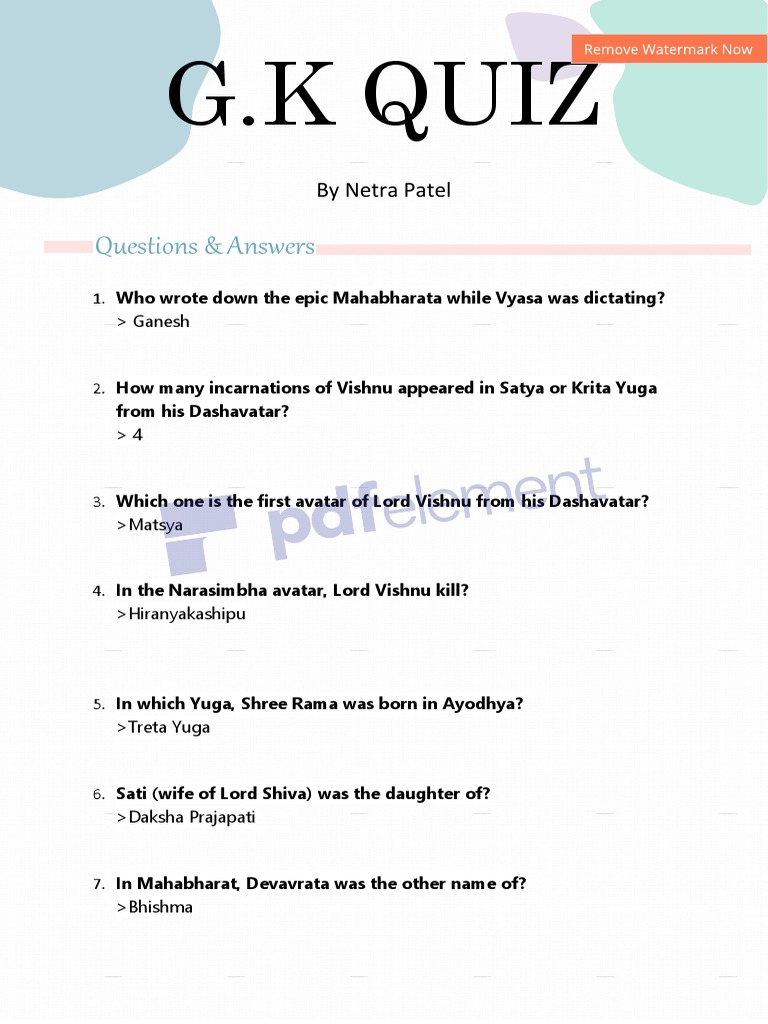 G.K Quiz: Questions & Answers | PDF | Sita | Hindu Literature