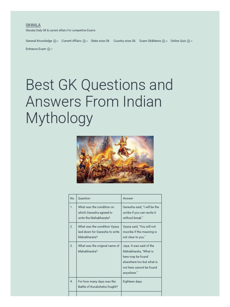 Indian Mythology Quiz Questions | PDF | Hindu Mythology | Ancient ...