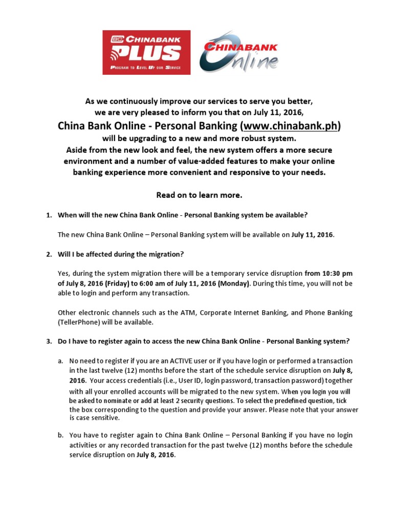 China Bank Online Upgrade Details | PDF