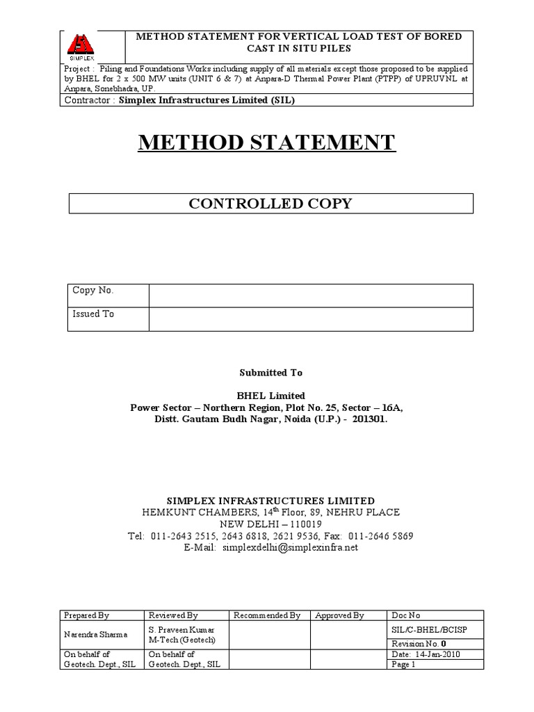 Method Statement Vertical Load Test (BHEL ANPARA) | PDF | Deep ...