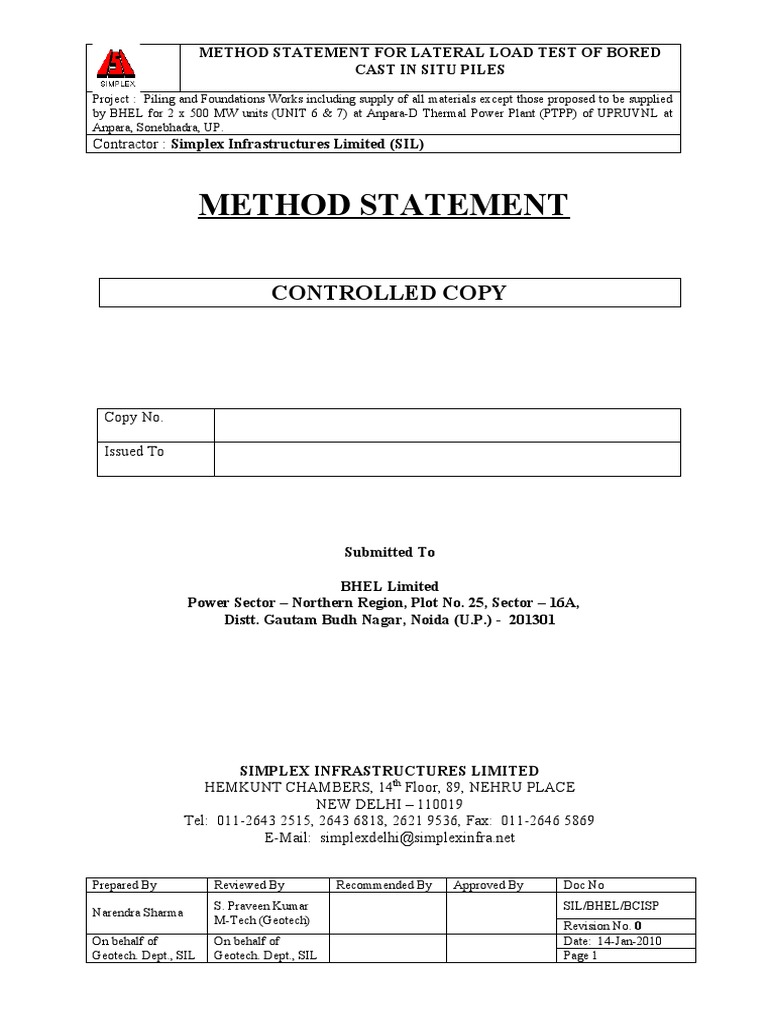 Method Statement of Lateral Load Test (BHEL ANPARA) | PDF | Deep ...
