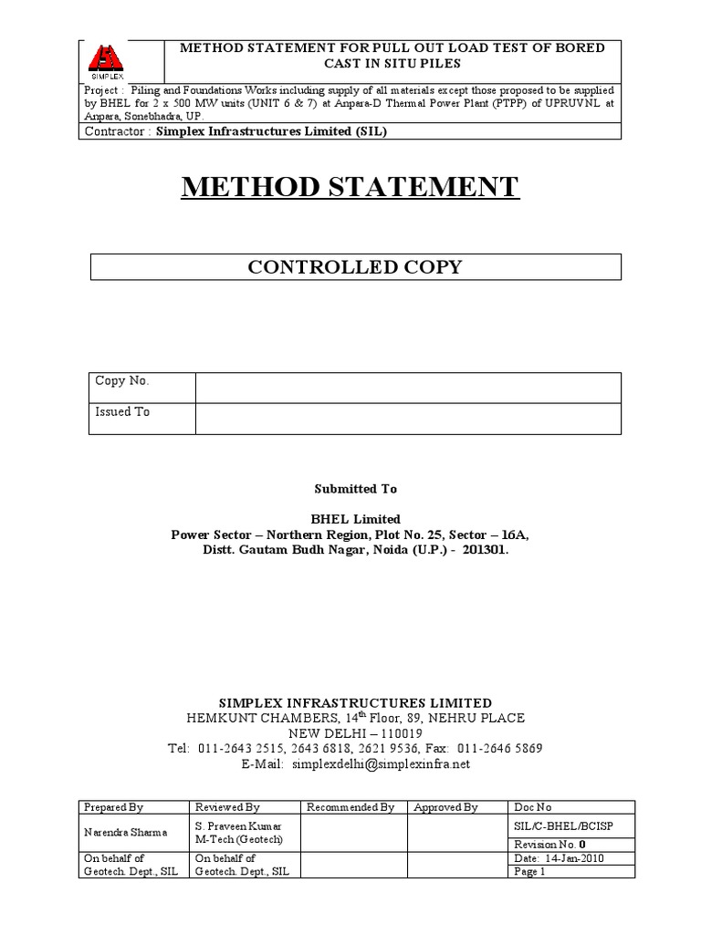 Method Statement of Pull Out Load Test (BHEL ANPARA) | PDF | Deep ...