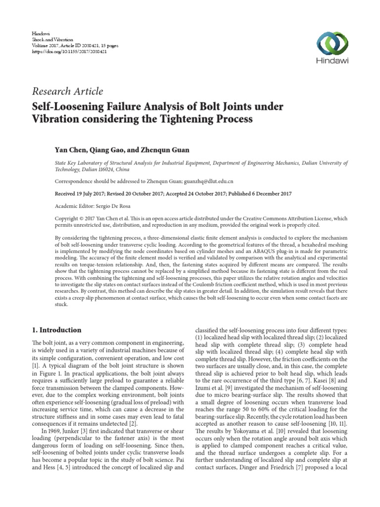 Research Article: Self-Loosening Failure Analysis of Bolt Joints Under ...