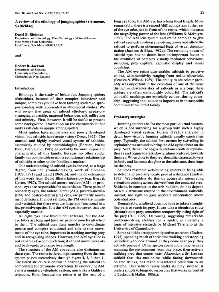 Richman Jackson 1992 A Review of The Ethology of Jumping Spiders | PDF ...