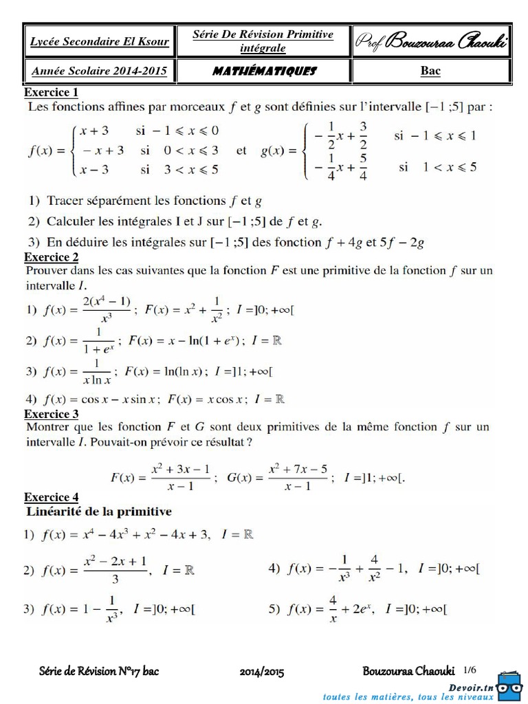 Série D'exercices - Math 25 Exercice Primitive Int 1 | PDF