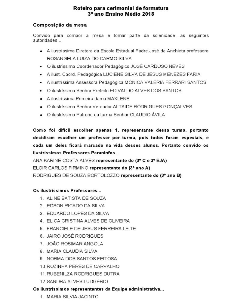 Roteiro para Cerimonial de Formatura 2018 | PDF