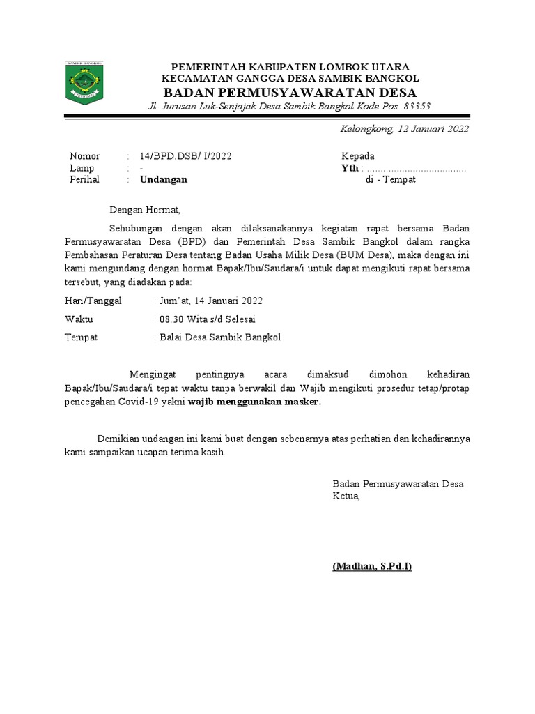 Undangan Rapat BPD Desa Sambik Bangkol | PDF
