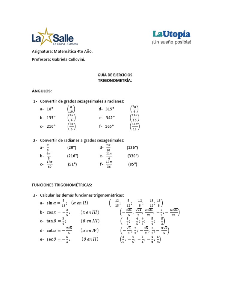 04 - 4to Año. Matemática. Guía de Ejercicios de Ángulos | PDF ...