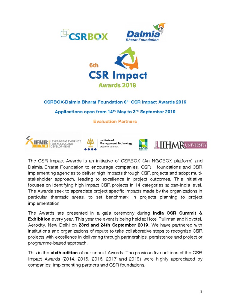 6th CSR Impact Awards 2019-CSRBOX-Guideline | PDF | Corporate Social ...