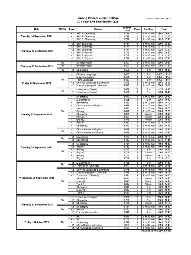 2021 JC1 Year End Exam Timetable | PDF