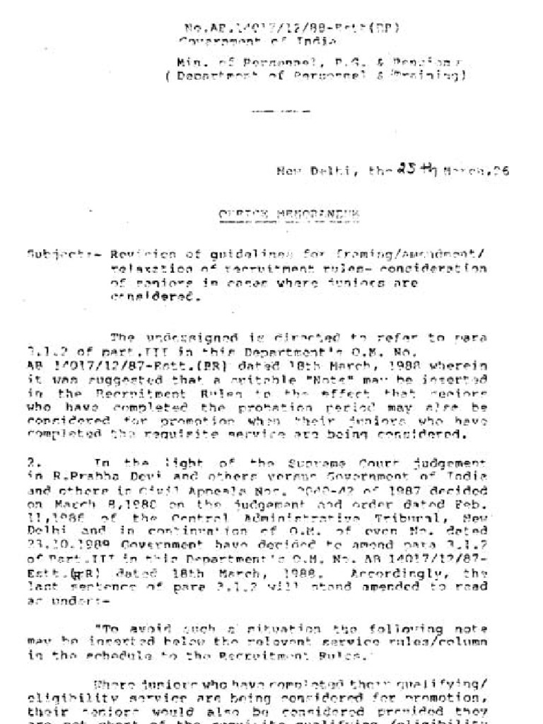DOPT O.M. No. AB-14017/12/88-Estt. (RR) Dated 25.3.1996 | PDF