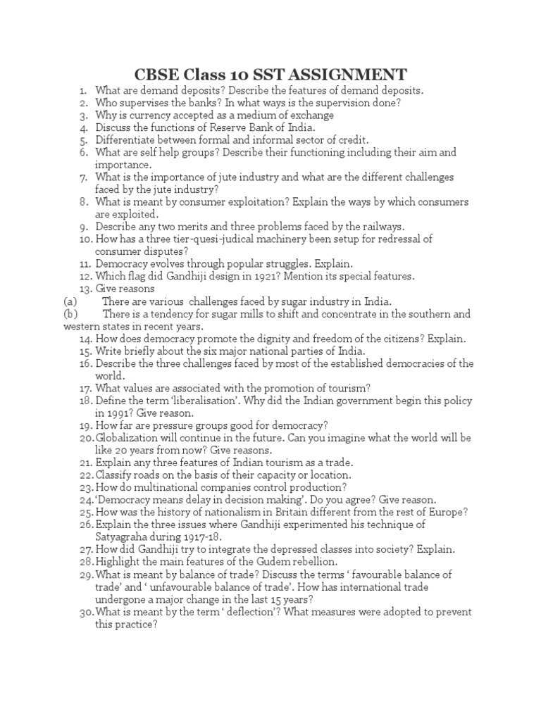 Cbse Class 10 SST Assignment | PDF | Trade | Mahatma Gandhi