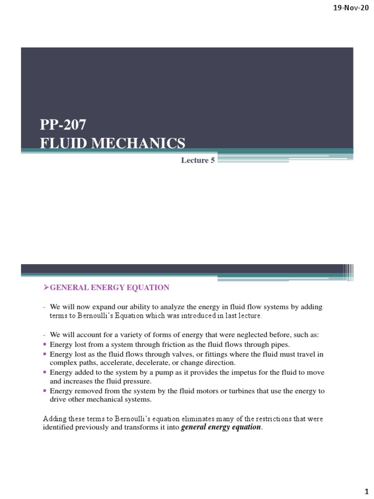 PP-207 Fluid Mechanics: General Energy Equation | PDF | Power (Physics ...
