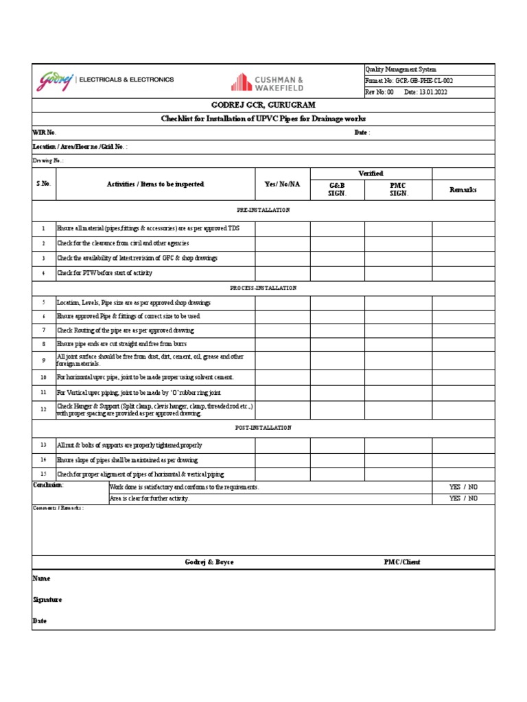 Godrej GCR, Gurugram Checklist For Installation of UPVC Pipes For ...